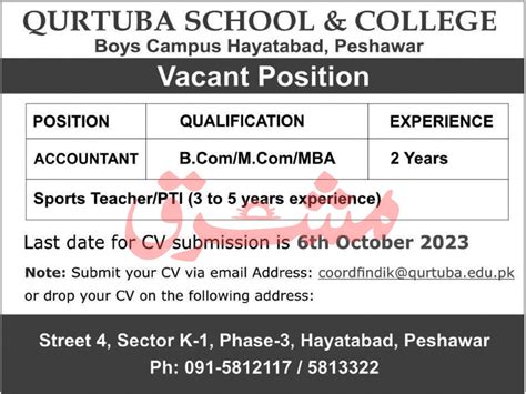 Qurtuba School And College Peshawar Jobs 2023 2025 Job Advertisement Pakistan