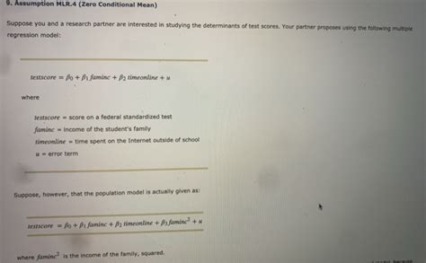 Solved 9 Assumption Mlr4 Zero Conditional Mean Suppose