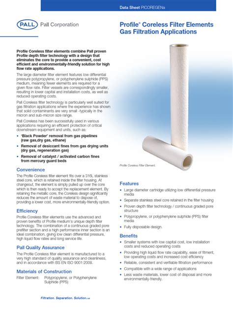 Profile Coreless Filter Elements Gas Filtration Datasheet Pdf Filtration Flow Measurement