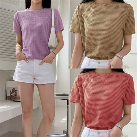 KILY PH Blouse For Woman Waffle Knitted Tops Basic T Shirt Solid Tee Semi Croptop A