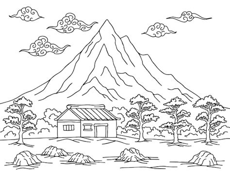 Imprimir desenho natureza paisagem contorno para colorir página Vetor