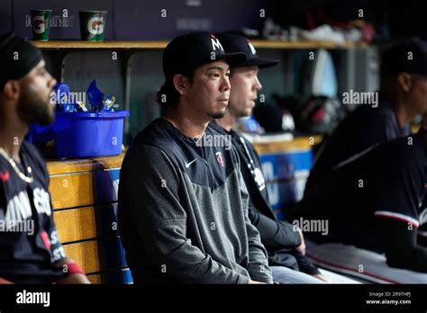 Minnesota Twins Pitcher Kenta Maeda Watches From The Dugout Against The