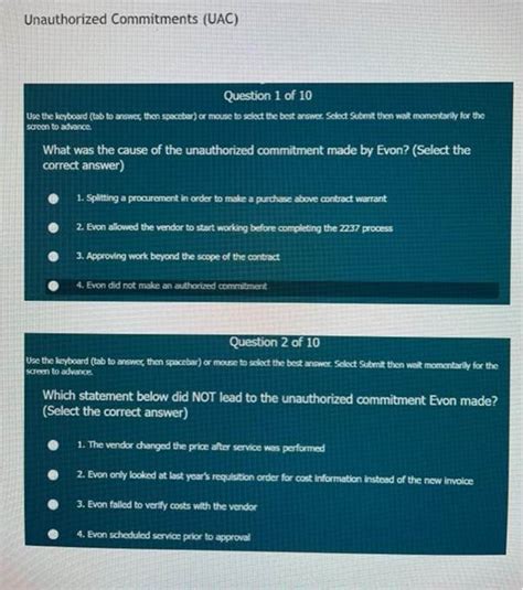 solved unauthorized commitments uac question 1 of 10 use