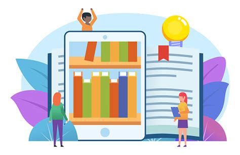 전자판독기 전자 도서관 전자도 서 개념입니다 작은 책 독서 장치 근처 서 프레 젠 테이 션 웹 페이지 배너 사회 미디어에 대 한 포스터 개념에 대한 스톡 벡터 아트 및 기타