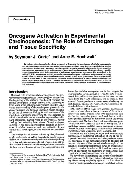 Oncogene Activation In Experimental Carcinogenesis The Role Of
