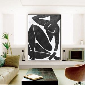 Large Black And White Abstract Nude Painting On Canvas Handmade