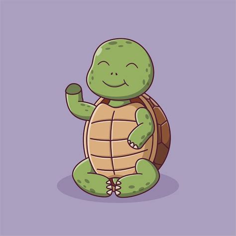 손을 흔들며 앉아 귀여운 거북이 만화 거북이 아이콘 개념 프리미엄 벡터