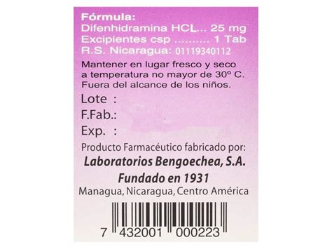 Comprar Difenhidramin Hcl 25mg Bengoechea 100tab Walmart Nicaragua