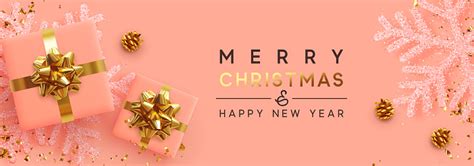 크리스마스 배너 사실적인 선물 상자 핑크 눈송이 반짝이는 골드 색종이의 배경 Xmas 디자인 수평 포스터 인사말 카드 헤더 웹