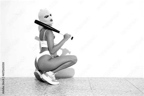 Beautiful Sexy Woman In Underwear Model Wearing Bandit Balaclava Mask Hot Seductive Female In