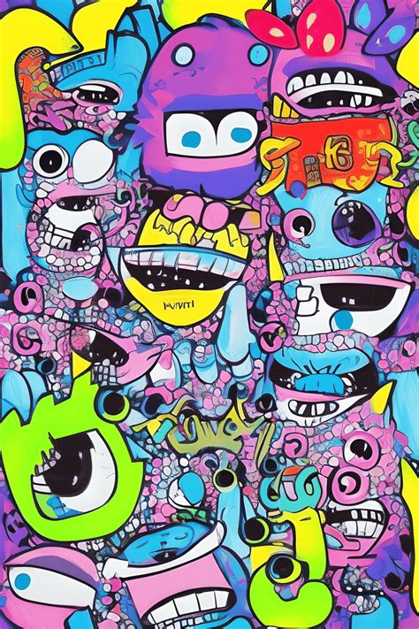 Cute Monsters Graffiti Doodle Art Kawaii Style Neon Light Night