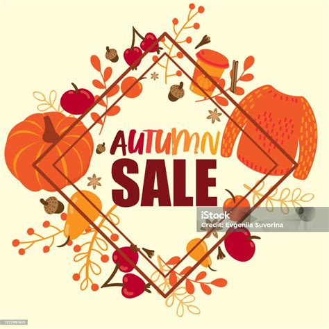 가을 판매 귀여운 배너 평면 벡터 만화 일러스트 와 가을 잎 가을 타이포그래피 및 할인 판매 텍스트 니트 스웨터 호박 호박 라떼 시나몬 사과 도토리 배 정향 향신료 단풍