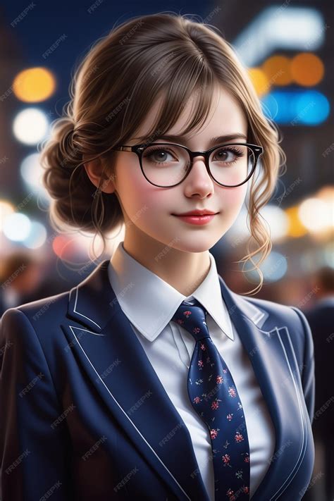 Premium Photo A Young European Pretty Girl In Suit And Glasses On A Night Background In