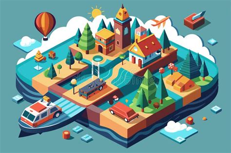 Explore A Vibrant Isometric Landscape Featuring A River Vehicles Trees And Buildings Under A