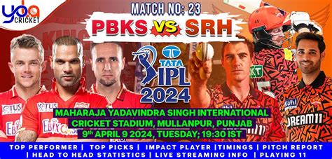 Punjab Kings Vs Sunrisers Hyderabad 23rd T20 Ipl 2024 Mohali April 9