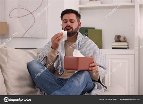 Sick Man Wrapped Blanket Tissues Sofa Home Cold Symptoms Stock Photo By