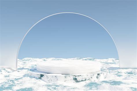 3d 렌더 플랫폼과 얼음 눈과 눈 덮인 바닥의 자연 연단 배경 제품 전시를위한 유리 아치 빈 쇼케이스 모형 템플릿 또는 빈