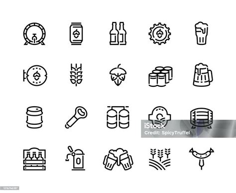 맥주 라인 아이콘입니다 유리 병 은 술통 나무 머그잔과 배럴 알코올 음료와 보리 홉 음료를 팩 벡터 개요 맥주 세트 보리에 대한