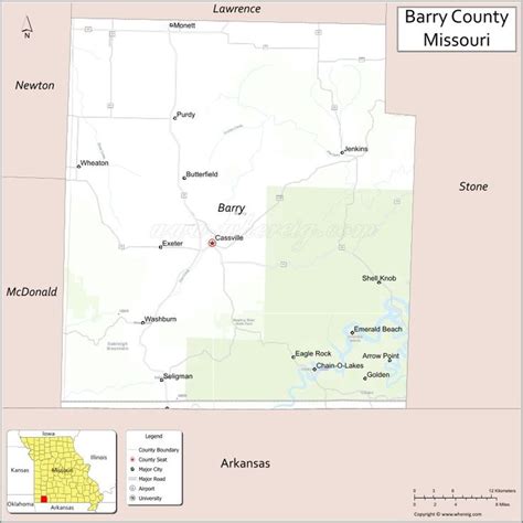 A Map Of The State Of Barry County Missouri With Major Cities And