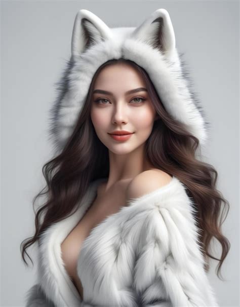 A Woman With Long Brown Hair And A Fur Coat That Says Fur Premium Ai