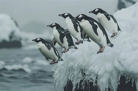 Penguins Taking A Leap Of Faith Stock Illustration Illustration Of