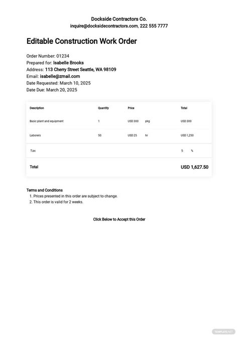 An Image Of A Construction Work Order Form