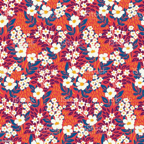 매끄러운 꽃 무늬 장식 예술 식물학이 있는 복고풍 스타일의 Ditsy 프린트 작은 꽃 나뭇잎 빨간색 배경에 화려한 배열의 잔디 벡터 꽃무늬에 대한 스톡 벡터 아트 및 기타