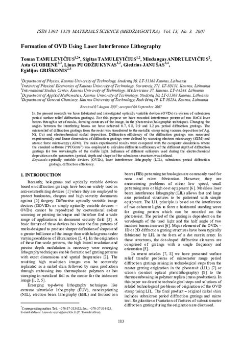 Pdf Formation Of Ovd Using Laser Interference Lithography Asta Guobienė