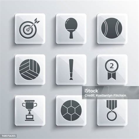 축구 공 메달 야구 방망이 수상 컵 배구 화살표 및 테니스 아이콘이있는 대상을 설정합니다 벡터 경쟁에 대한 스톡 벡터 아트 및 기타 이미지 Istock