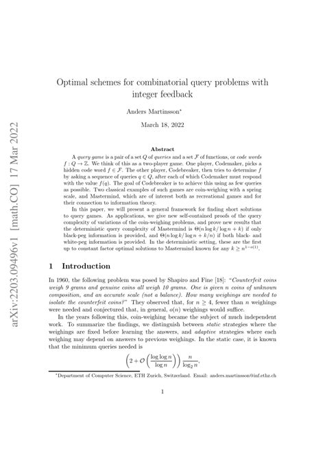 PDF Optimal Schemes For Combinatorial Query Problems With Integer