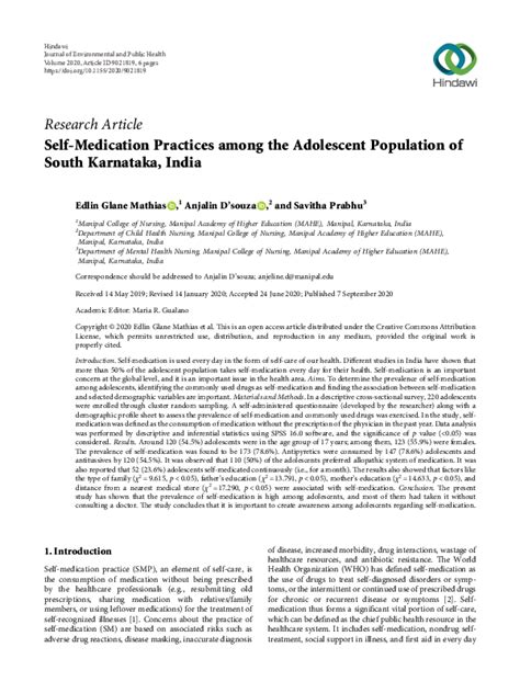 Pdf Self Medication Practices Among The Adolescent Population Of