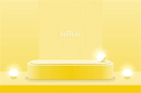 깨끗한 노란색 3d 원형 연단은 빛나는 원형 네온 램프와 수직 배경이 있는 책상 테이블 받침대에 사실적으로 배치됩니다 모형