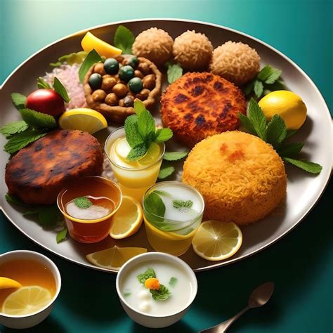 Premium Ai Image Variety Of Indian Sweets And Tea In A Plate On Green