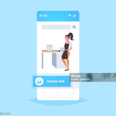 여자 세척 접시 주부 닦아 부엌 식기 컨셉 소녀 앞치마에서 집안일 스마트폰 화면 모바일 앱 플랫 전체 길이 가구에 대한 스톡