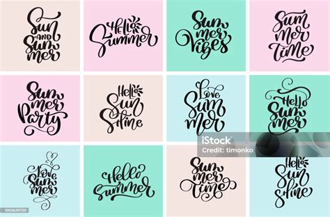 인쇄 상의 안녕하세요 여름 디자인을 설정 합니다 손으로 그린 벡터 붓글씨 텍스트 디자인 서식 파일 여름 시간 시즌 로고 포스터 T셔츠 전단지 의류 디자인 0명에 대한 스톡
