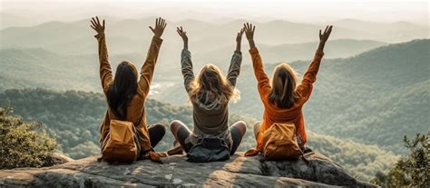 Premium Ai Image Three Adventurous Women Looking At The View Of