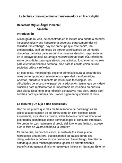La Lectura Como Experiencia Transformadora En La Era Digital Pdf