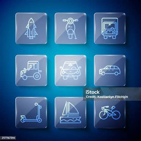 세트 라인 스쿠터 요트 범선 자전거 배달화물 트럭 자동차 트랙터 로켓 선박 화재 및 해치백 아이콘 벡터 Launch Party에 대한 스톡 벡터 아트 및 기타 이미지