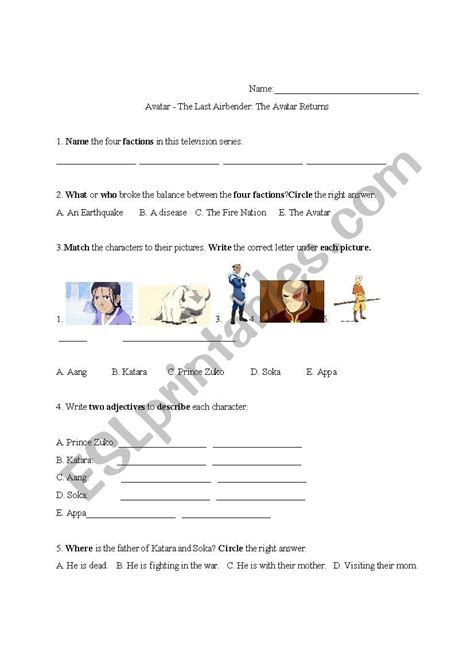 Avatar Season 1 Episode 1 Esl Worksheet By Topbullets