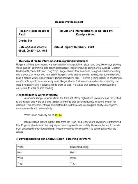 Reader Profile Report Pdf Reading Comprehension Fluency
