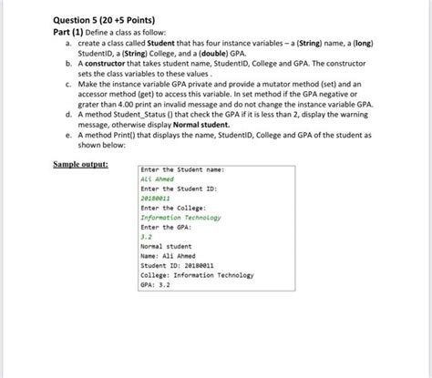 Solved Question 5 20 5 Points Part 1 Define A Class As