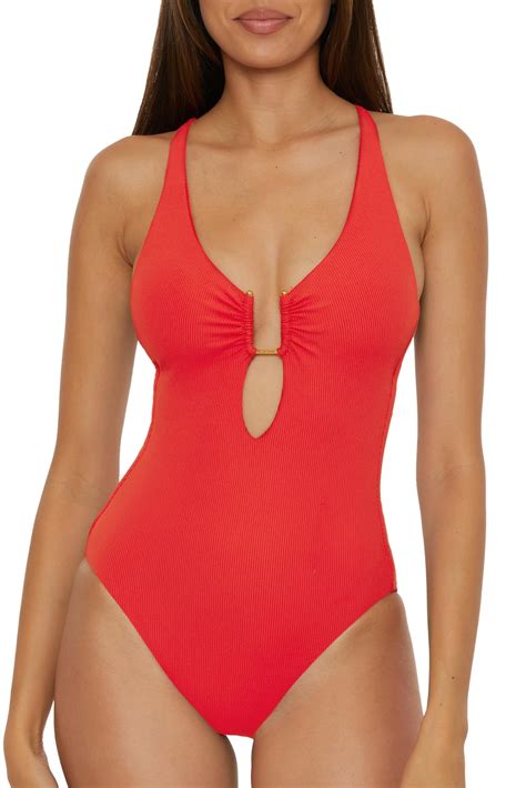 Womens Modern Edge Ribbed Plunge Neck One Piece Swimsuit Color Fire