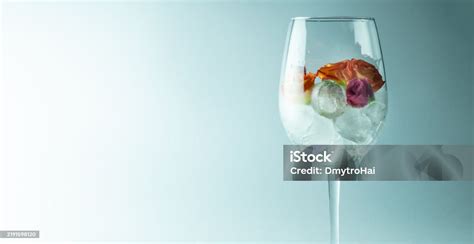 복사 공간이 있는 회색으로 격리된 반짝이는 와인 잔에 장미와 얼음 조각을 스프레이합니다 0명에 대한 스톡 사진 및 기타 이미지 0명 결정체 깨끗한 Istock