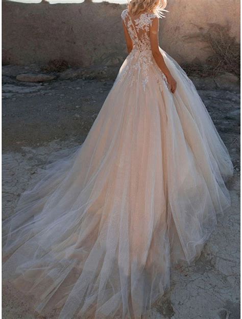 Formal Wedding Dresses Ball Gown Illusion Neck Cap Sleeve Court Train