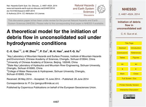 Pdf A Theoretical Model For The Initiation Of Debris Flow In