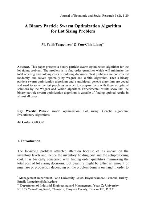 Pdf A Binary Particle Swarm Optimization Algorithm For Lot Sizing Problem