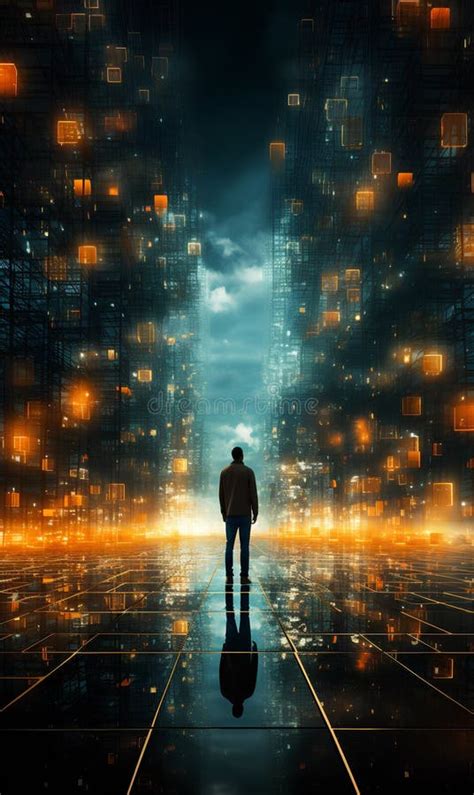 A Man Standing In A Futuristic Space With Orange Glowing Cubes Stock Illustration Illustration
