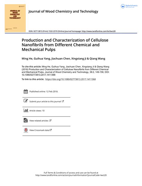 Pdf Production And Characterization Of Cellulose Nanofibrils From Different Chemical And