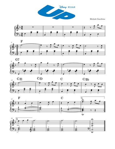Disney Pixars Up Main Theme Sheet Music For Piano Solo