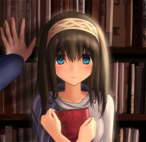 Safebooru 1girl Blue Eyes Blush Book Bookshelf Brown Hair Collarbone Hairband Hands Idolmaster